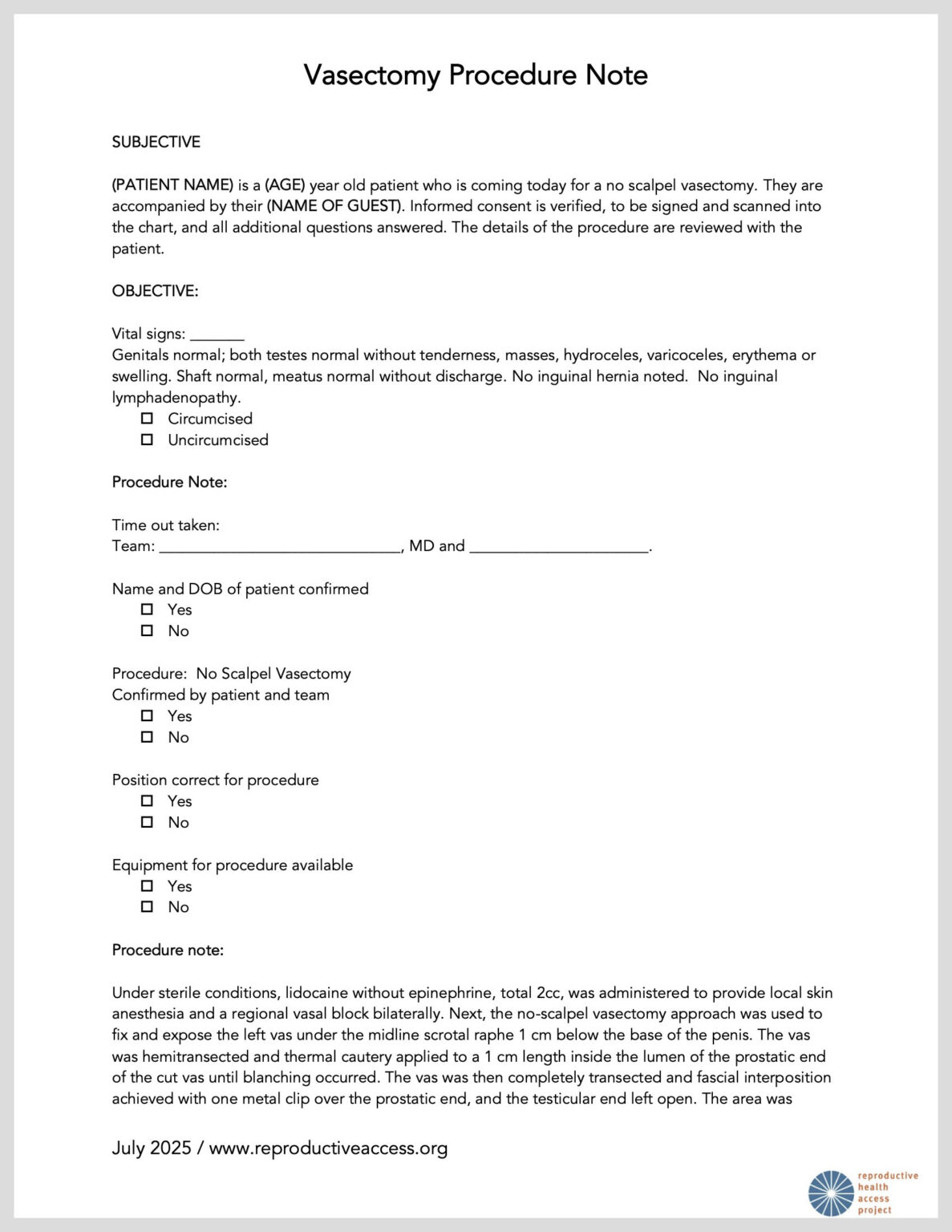 Reproductive Health Access Project | Vasectomy Procedure Note ...