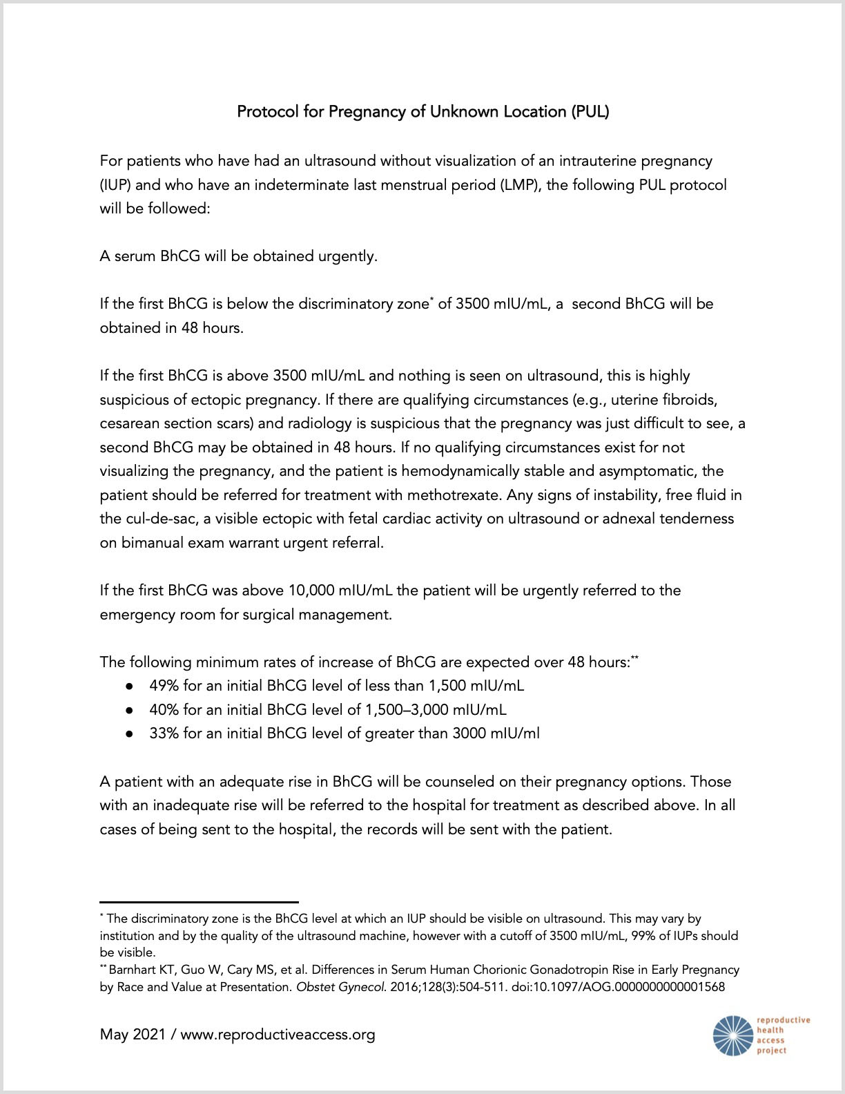 Reproductive Health Access Project Protocol For Pregnancy Of Unknown