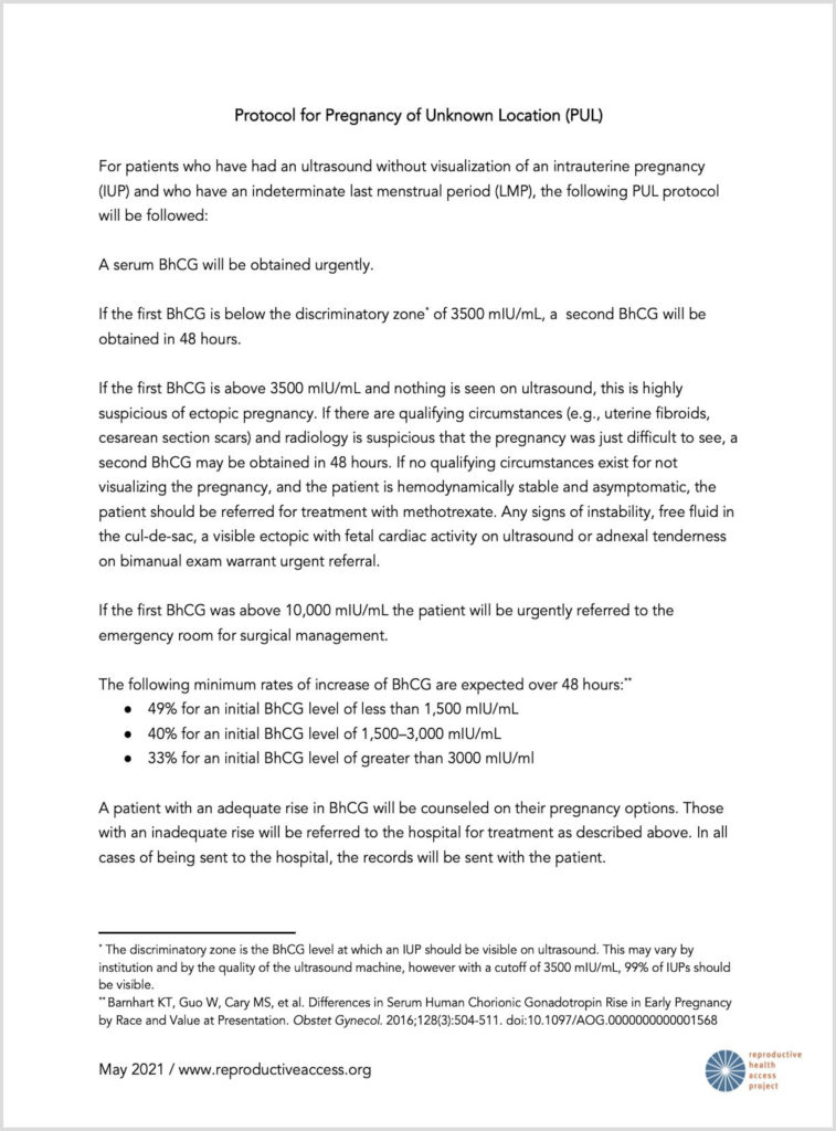 Reproductive Health Access Project Protocol For Pregnancy Of Unknown
