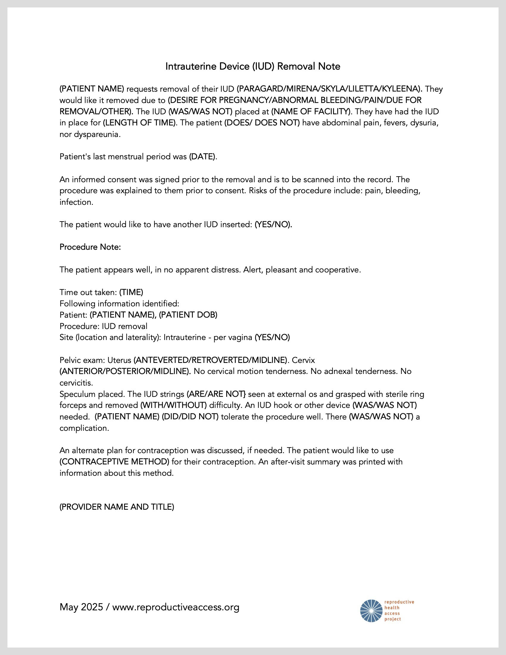 Reproductive Health Access Project | Electronic Health Record Template: IUD Removal ...