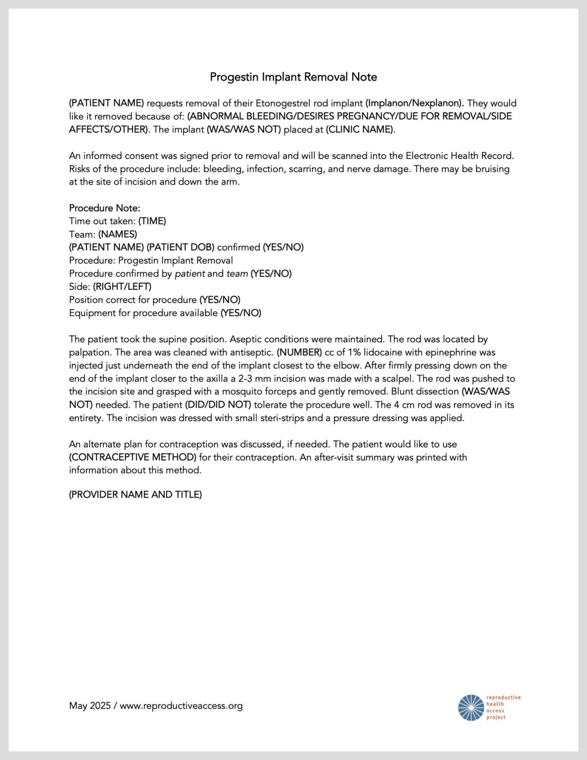 Reproductive Health Access Project | Electronic Health Record Template ...