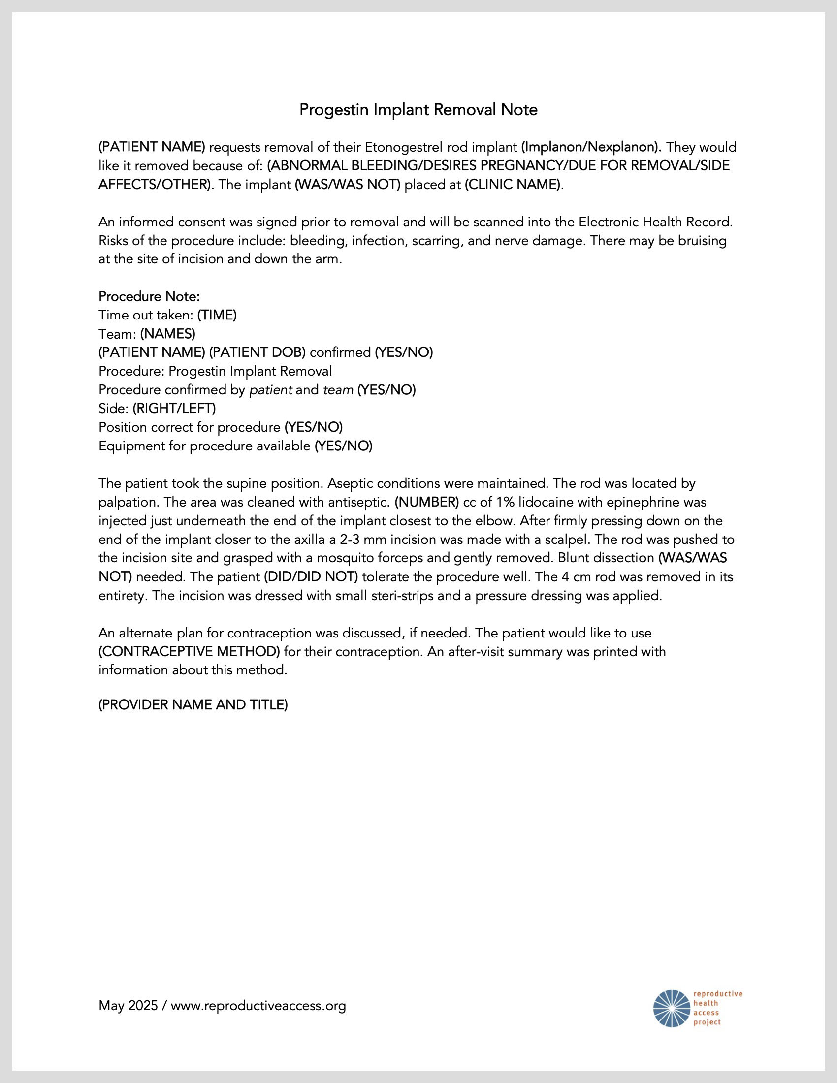Reproductive Health Access Project | Electronic Health Record Template ...