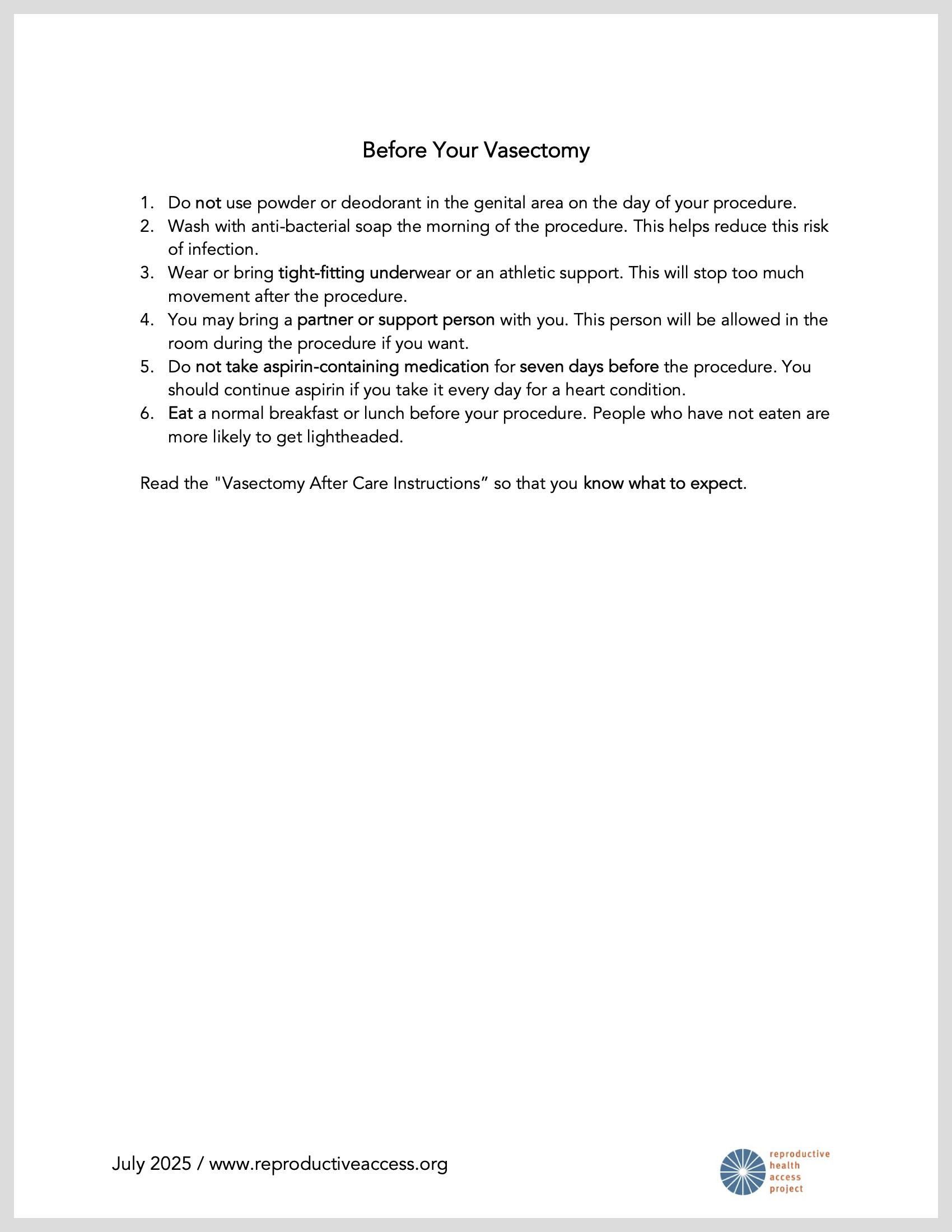 Reproductive Health Access Project | Before Your Vasectomy ...