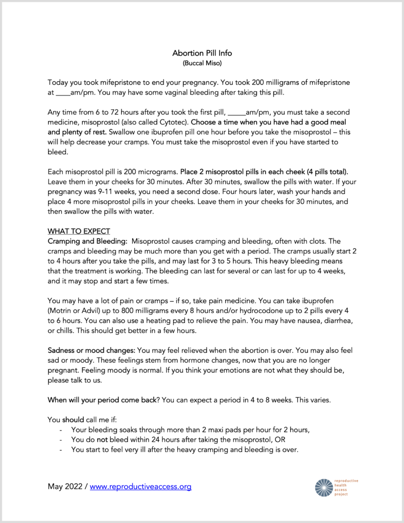 Reproductive Health Access Project | Medication Abortion Aftercare Instructions (buccal miso)