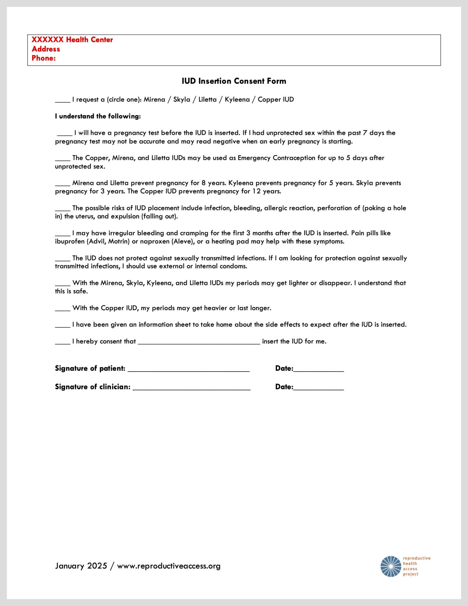 Reproductive Health Access Project | IUD Consent Form