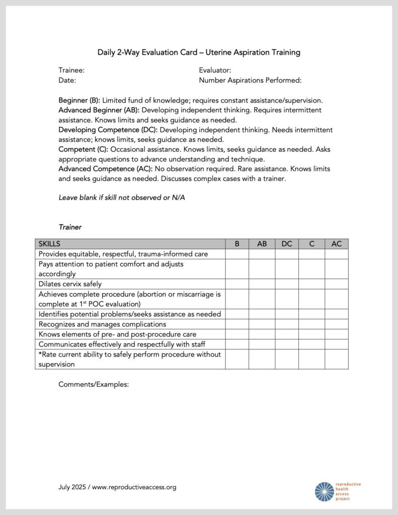 Reproductive Health Access Project | Daily 2-Way Evaluation Card – Uterine Aspiration Training ...