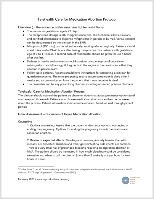 Reproductive Health Access Project | Telehealth Care for Medication Abortion Protocol ...