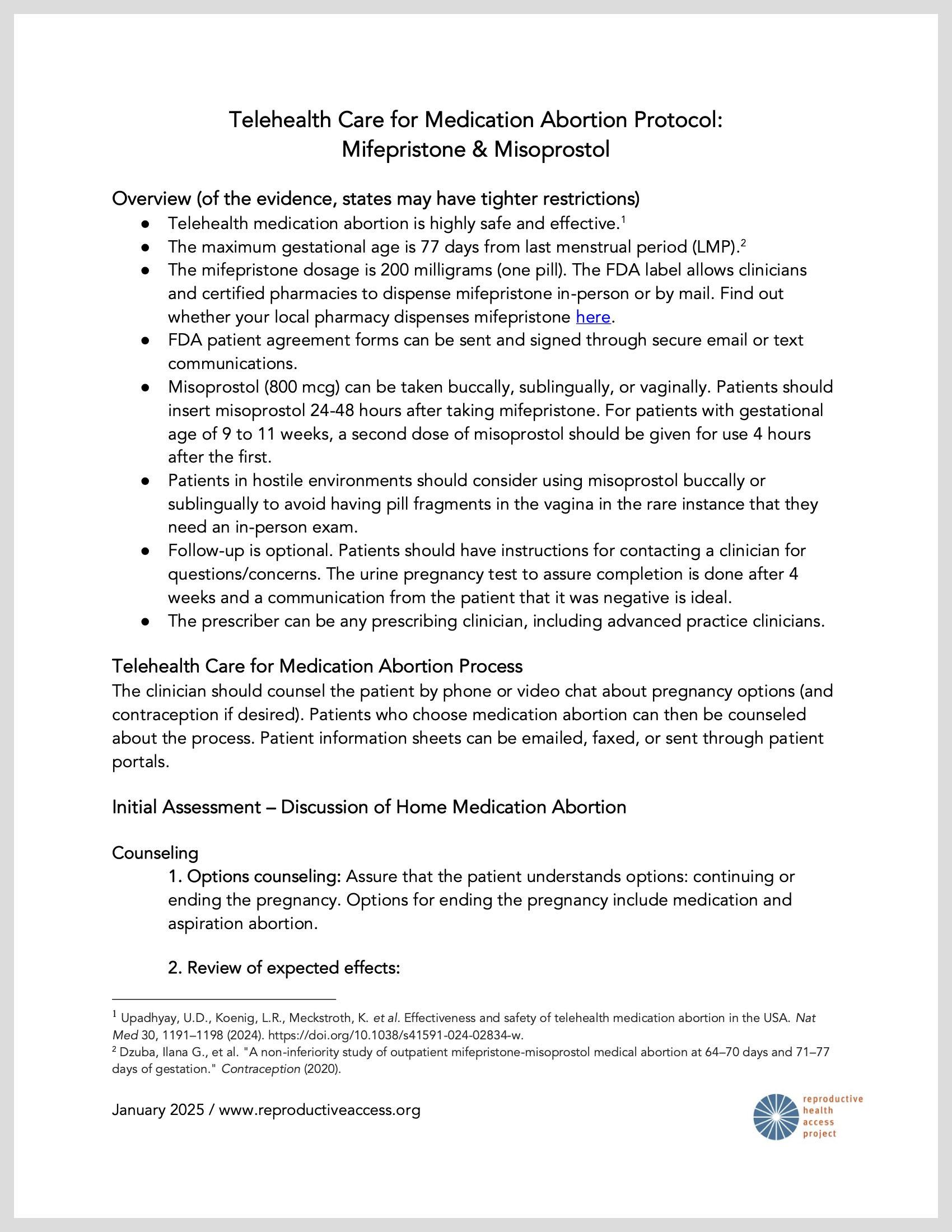 Reproductive Health Access Project | Telehealth Care for Medication Abortion Protocol ...