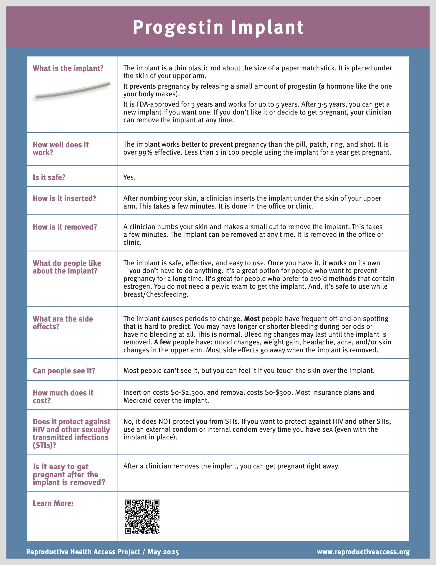 Reproductive Health Access Project | Progestin Implant Fact Sheet
