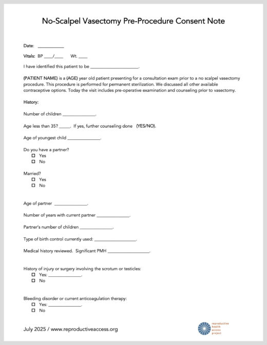 Reproductive Health Access Project | Vasectomy Pre-Procedure Note ...
